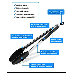 Bnlcd Kitchen Tongs, Premium Stainless Steel Locking Cooking Tongs with Silicone Tips, Non-Slip Food Tongs for Cooking, Heavy Duty, Non-Stick, 480℉, Set of 3-7" 9" and 12" Black