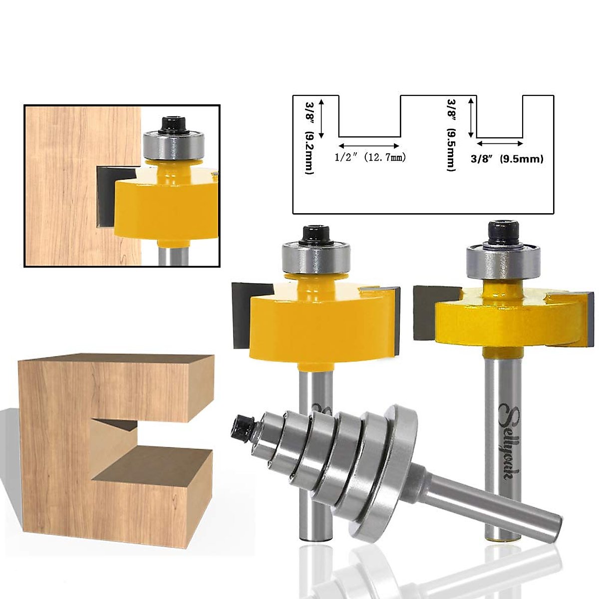 1/4 Inch Shank Rabbet Router Bit with 6 Bearings Set, SellyOak Multi Rabbeting Router Bit Set for Multiple Depths (1/8", 1/4", 5/16", 3/8", 7/16", 1/2" Interchangeable and Adjustable Bearings)