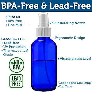 Sally's Organics 4oz Empty Blue Glass Spray Bottles - Small 4 oz Misters Great for Face Spritz, Essential Oils, Beauty Solutions, and Cleaning Sprayer - Portable Atomizer Spritzer - 2 Pack