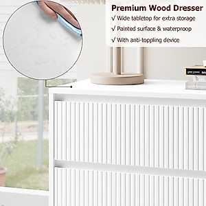 HOSTACK White Dresser for Bedroom, Modern 6 Drawer Dresser, Double Dresser Chest of Drawers with Wavy Pattern | Handleless Drawers, Wood Storage Dresser Cabinet for Living Room, Hallway, Entryway