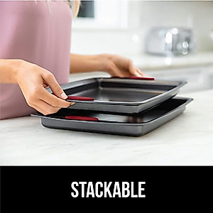 Gorilla Grip Cookie Sheets For Baking, 17.3x11.75 Inch, Set of 2, Large Non Stick Pans, Stays Flat in Oven, Perfect for Sheet Pan Meals, Easy Clean Up, Cooking Tray With Silicone Handles, Red