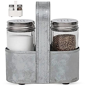 Farmhouse Salt and Pepper Shakers Set With Metal Caddy by Saratoga Home - Vintage Salt and Pepper Shaker Dispensers With Padded Feet, Easy to Clean & Refill, Each Glass Shaker Holds ½ Cup, Silver