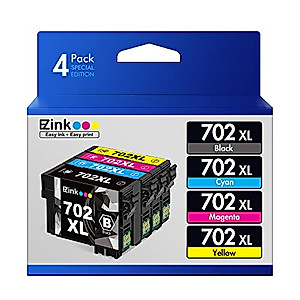 E-Z Ink (TM) Remanufactured Ink Cartridge Replacement for Epson 702XL T702XL 702 T702 to use with Workforce Pro WF-3720 WF-3730 WF-3733 Printer (1 Large Black, 1 Cyan, 1 Magenta, 1 Yellow, 4 Pack)