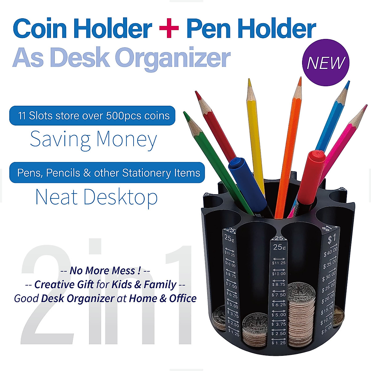 Byteen8 Coin Counter Coin Sorter｜Pen Holder + Coin Holder as Desk Organizer｜Piggy Bank for Adults & Kids + Pencil Holder for Desk｜Coin Wrappers Coin Bank Store 500pcs｜Creative Gifts for Kids & Family