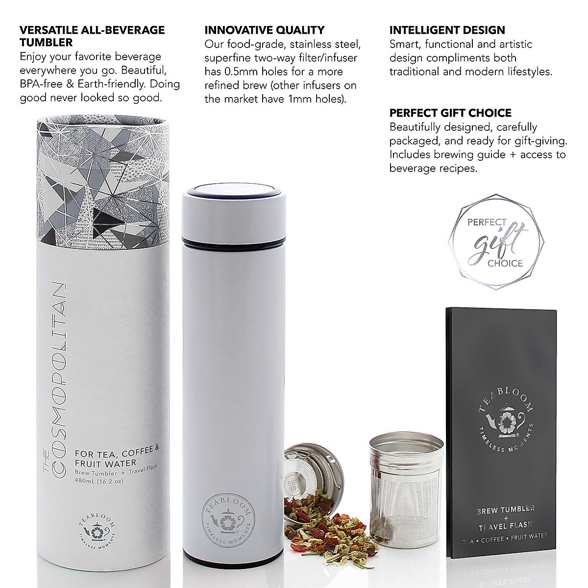 Teabloom - The ORIGINAL All-Brew Travel Tumbler & Thermos | OPRAH’s Favorite | 16oz/480ml Insulated Water Bottle/Tea Flask/Cold Brew Coffee Mug