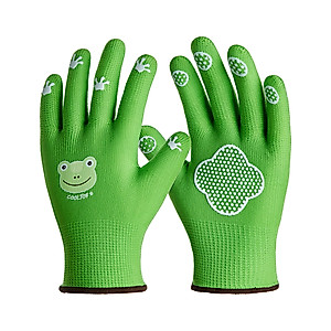 COOLJOB Breathable Toddler Work Gloves for Gardening Boy Girl Ages 2-4 Small, 100% Jersey Nylon Kids Garden Gloves with Grip, Children Yard Gloves for Digging Weeding Landscaping, Green Frog, 1 Pair
