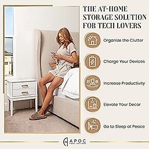 2 Drawer Side Table with Charging Station - Mid Century Modern Nightstand with Polished Gold Handles, 2 USB Ports & 2 Outlets - Multifunctional Smart Bedside Table for Your Home - 24" Tall (White)