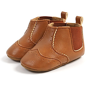 Baby Boys Girls Classic High-Top PU Leather Booties Shoes Wedding Oxford Dress Shoes First Walking Flat Lazy Crib Shoe Brown 0-6 Months