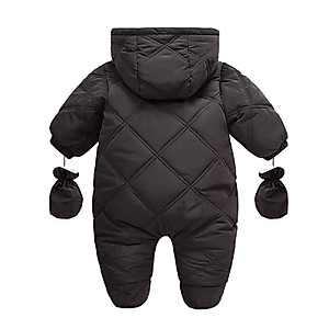 Tengoait Infant Baby Hooded Snowsuit Infant Boys Girls Warm Zipline Winter Jacket Cute One Piece Footie Outwear with Gloves Outfit Black for 12-18 Months (M1)