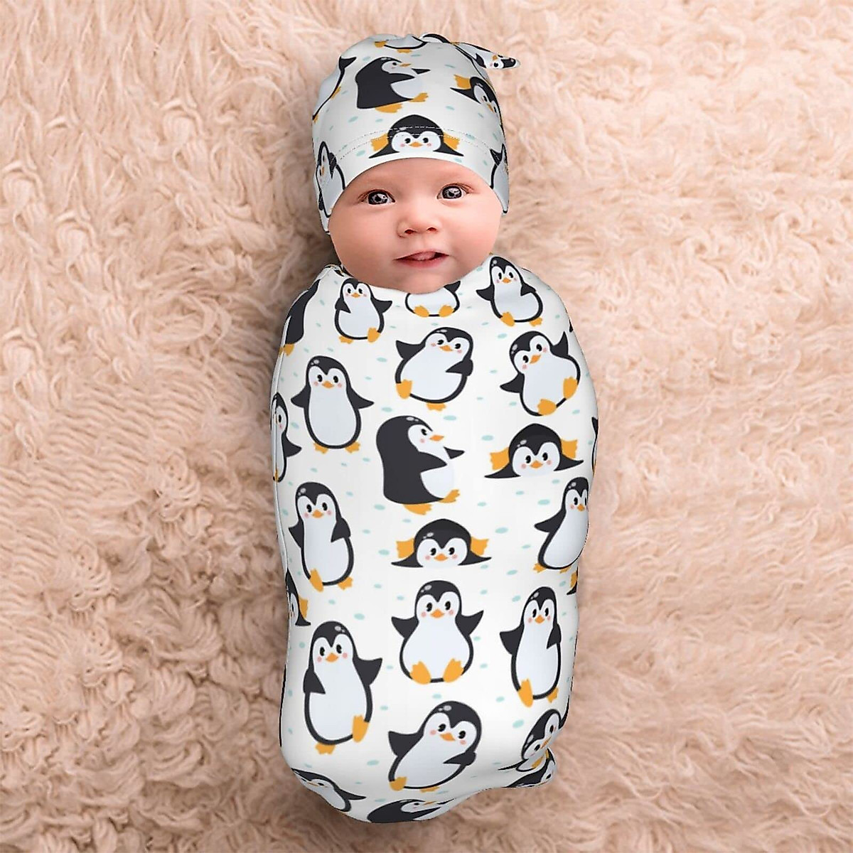 Qwalnely Swaddling Blanket for Baby, Sleeping Sacks, Unisex Baby Stuff with Hat, Penguin