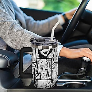Niapessel Leak Proof Tumbler, Insulated Water Bottles with Straw, Anime Girl Face Emotion Insulated Cup with Handle 40 Oz Stainless Steel Flask for School, Travel, Car, Sports, Work