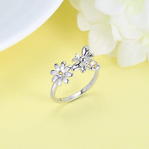 Sterling Silver Honeycomb Daisy Flower Bee Ring S925 Honeybee Flower Cubic Zirconia Bumble Wrap Rings Jewelry Gift for Women Wife Daughter Mom