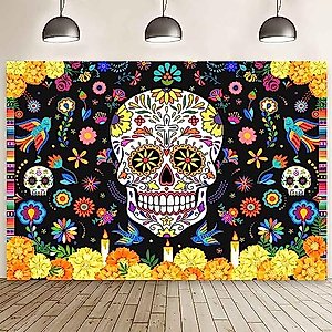MEHOFOND 7x5ft Day of The Dead Backdrop Sugar Skull Dia De Los Muertos Photography Background Mexican Fieasta Marigold Candle Floral Dress up Festival Party Decor Cake Smash Banner Photo Studio Props