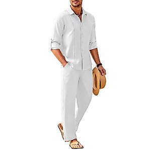 COOFANDY Mens Coordinated Outfit All White Hawaiian Shirt and Linen Pants Sets Casual Beach Linen Sets 2 Piece, White, Large