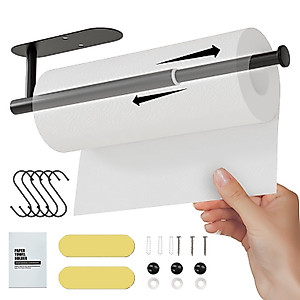 Youdian Adjustable Paper Towel Holder Under Cabinet-Adhesive Toilet Paper Holder Wall Mount,Extendable Towel Rack,Towel Bar for Bathroom,Under Counter Paper Towel Roll Holder for Kitchen with 5 Hooks