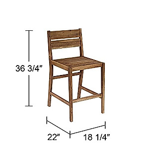 Teal Island Designs Nova Natural Acacia Wood Outdoor Bar Stools Set of 2 Brown 24" High Farmhouse Rustic Plank Seat with Ladder Backrest Footrest for Kitchen Counter Island Patio Garden Balcony