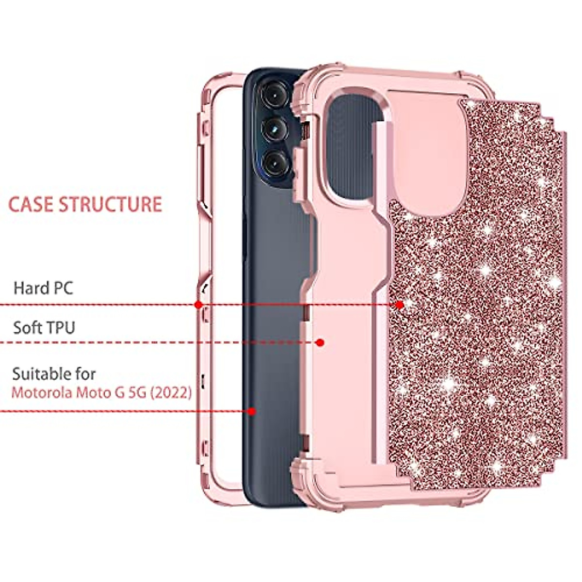 LONTECT Compatible with Moto G 5G 2022 Case Glitter Sparkly Bling Shockproof Heavy Duty Hybrid Sturdy High Impact Protective Cover Case for Motorola Moto G 5G 2022, Shiny Rose Gold