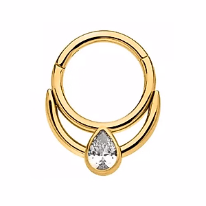 Pierced Owl 16GA 316L Stainless Steel Double Hoop with CZ Crystal Teardrop Center Hinged Segment Ring (Gold Tone)
