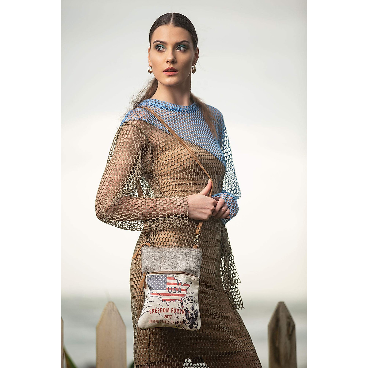 Myra Bag Freedom Forever Upcycled Canvas & Cowhide Leather Small Crossbody Bag S-1258 , Brown , One Size