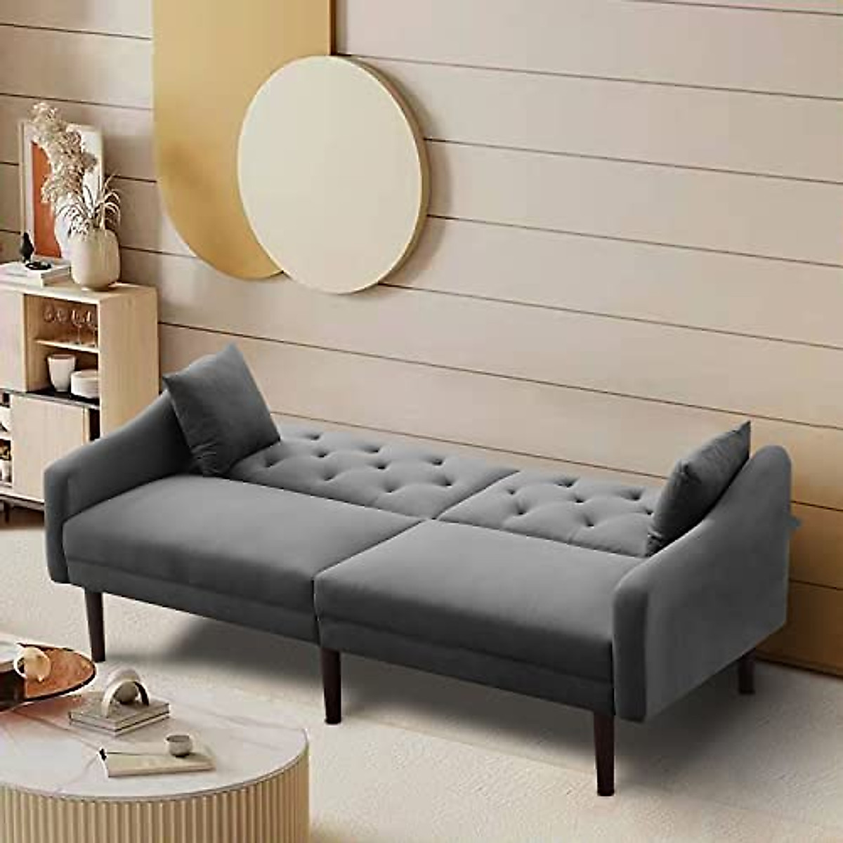 Verfur Convertible Futon Sofa Bed with Sturdy Legs, Button Tufted Foldable Loveseat Sleeper Couch Daybed with Split Backrest for Home Living Room Bedroom Sofabed, Grey 72.8"