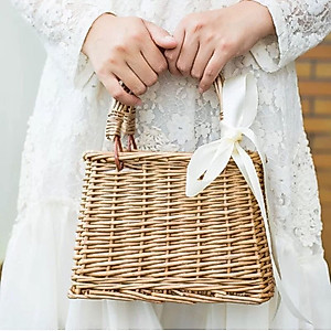 Duiaynke 1 Piece Rattan Basket Handmade Woven Tote Bag Used for Decor or Storage Grocery Basket Holiday Travel Storage Basket (Rectangle)