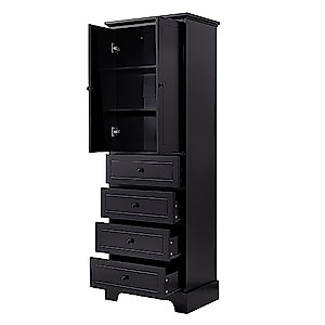 JIVOIT Bathroom Storage Cabinet with 2 Doors and 4 Drawers, Freestanding Floor Storage Cabinet with Adjustable Shelf for Bathroom, Office, MDF Board with Painted Finish (Black-2 Doors and 4 Drawers)