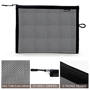 SUPACOOL Set of 4 Travel Mesh Makeup Bag, Cosmetic Organizer Pouche with Zipper, Diaper Organizing Pouches, Nylon Toiletries Bag for Women and Men(4pcs, Black)