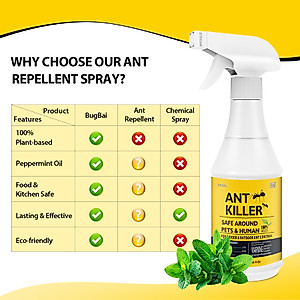BugBai Peppermint Oil Ant Killer & Repellent Spray Outdoor, 16OZ Natural Ant Spray Indoor Home Kitchen Safe for Pets and Kids, Powerful Carpenter Ant Killer to Kill & Get Rid of Ants Permanently