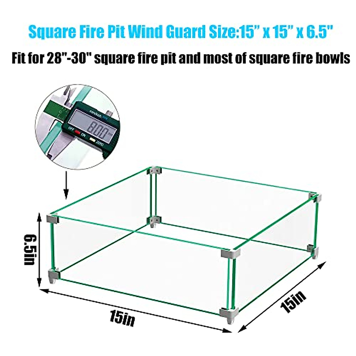 DONSIQIZZ Fire Pit Wind Guard, 15 x 15x 6.5 Inch Fire Wind Guard Fence, Square Glass Shield, Clear Tempered Glass Flame Guard Fit for Propane, Gas, Outdoor Fire Pits Burner Pan/Table