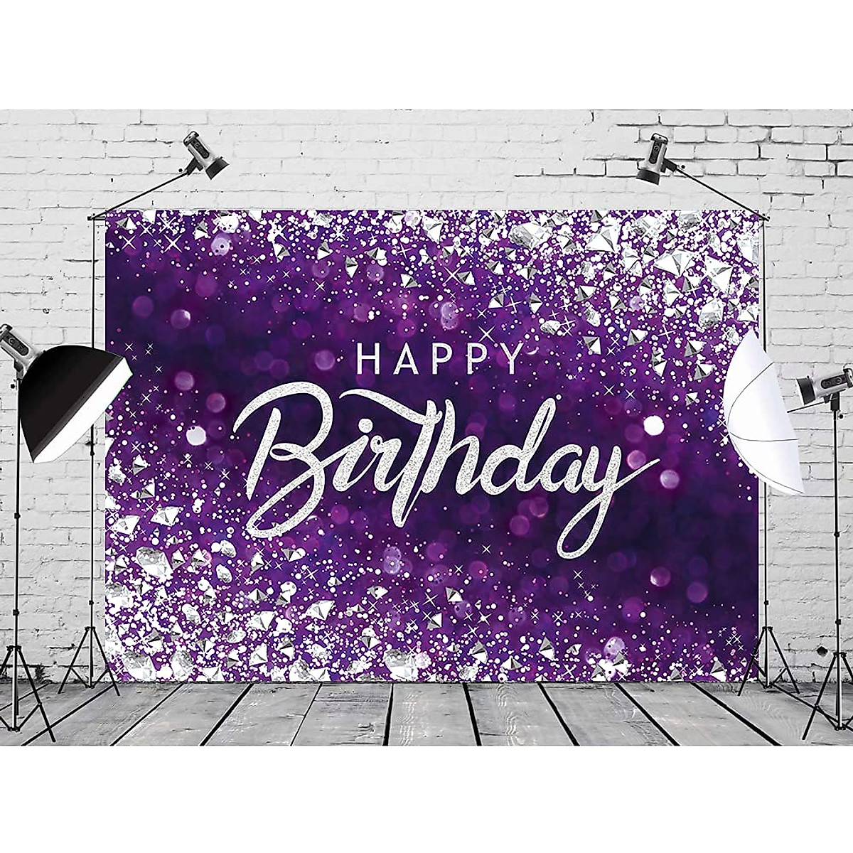 SVBright Purple Happy Birthday Backdrop for Women 7Wx5H Shinning Diamond Silver Bokeh Dots Woman Girls Elegant Sweet Princess Polyester Fabric Photography Background Banner Photo Booth Photo Studio