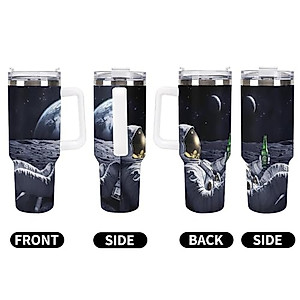 Astronaut Drinking Beer on Moon Tumbler with Handle Travel Mug Water Bottle Tea Coffee Cup White-style