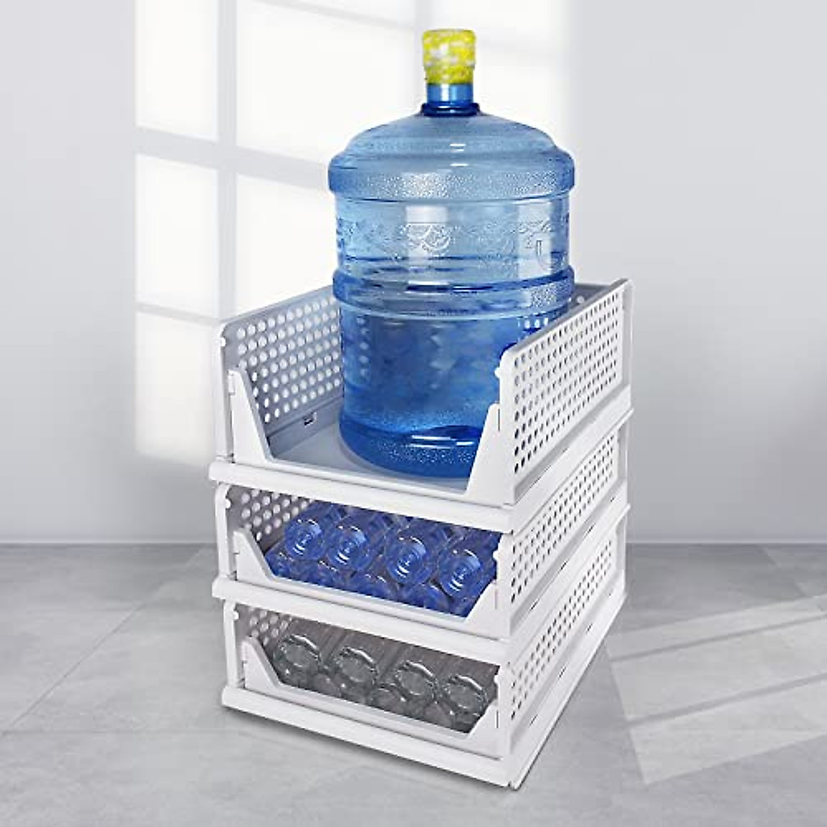 Mupera Stackable Plastic Storage Basket - Upgraded Large White Folding Storage Bins, Plastic Push-pull Clothes Organizer Shelf, Collapsible Storage Organizer for Wardrobe Bathroom Kitchen (4 Pack)