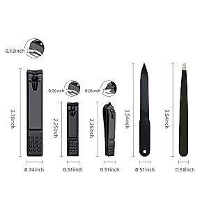 Nail Clippers Set Black Matte Stainless Steel Fingernail & Thick Toenail & Ingrown Nail Clippers & Tweezers & Nail file, Perfect 5 pcs Nail Clippers Cutter for Men and Women(Black)