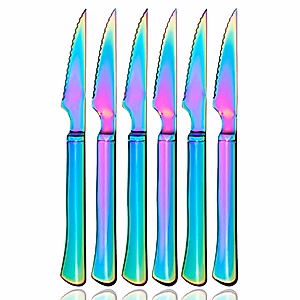 culterman Ultra-Sharp Stainless Steel Cutlery Set,Dinner Knives 6-Piece Stainless Steel kitchen Serrated Best Steak Knife (Rainbow)
