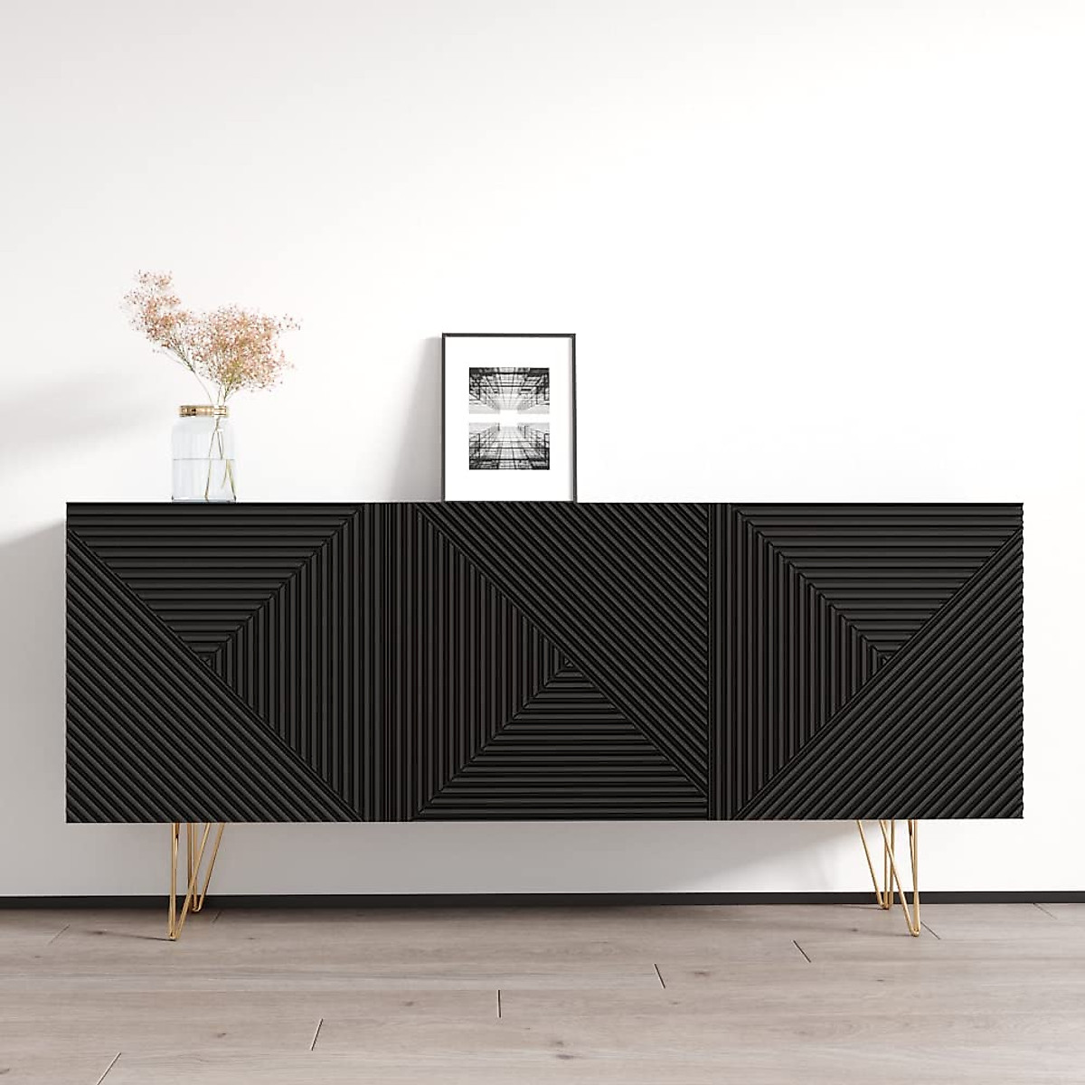 Meble Furniture Giza 3D 63" Sideboard - Modern & Stylish Rectangular Sideboard Table with Three Doors - Durable Engineered Wood Sideboard for Living Room or Dining Area - Black