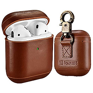 AirPods Leather Case, ICARER Genuine Leather AirPod case with Keychain and Led Light for Apple AirPods 2 Case & Airpods 1, Support Wireless Charging (Brown)