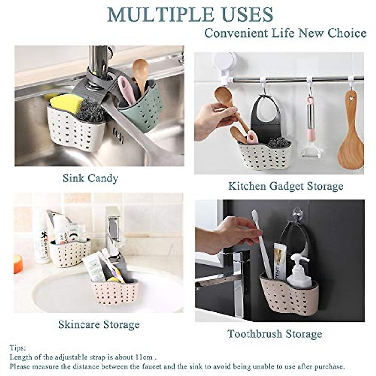 Sink Caddy Sponge Holder for Sink, Double Hanging Ajustable Strap, Silicone Sponge Caddy with Drain Holes for Drying, Sink Sponge Soap Caddy over Faucet Keep Kitchen Organized, 2PCS,Beige