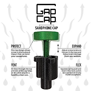 GapCap Alto Saxophone end plug flex fits in your sax, expands to fit your case, vents air to dry the body tube, and shock absorbs impact like no other end cap