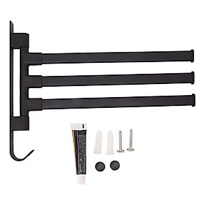 DULRLLY Swivel Towel Bar with Hook Wall Mounted Towel Rack Space Saving Bathroom Towel Rack Black Rotating Bath Towel Bars Swing Out Towel Hanger for Bathroom Kitchen Home Hotel(3 Arms)