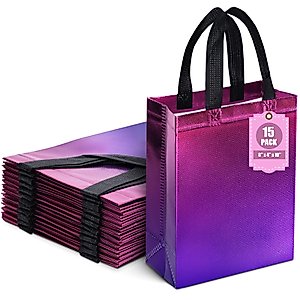 VGOODALL 15PCS Party Favor Bags With Handles, Reusable Bag with Iridescent Finish Pink & Purple Goodie Bags for Birthday Wedding