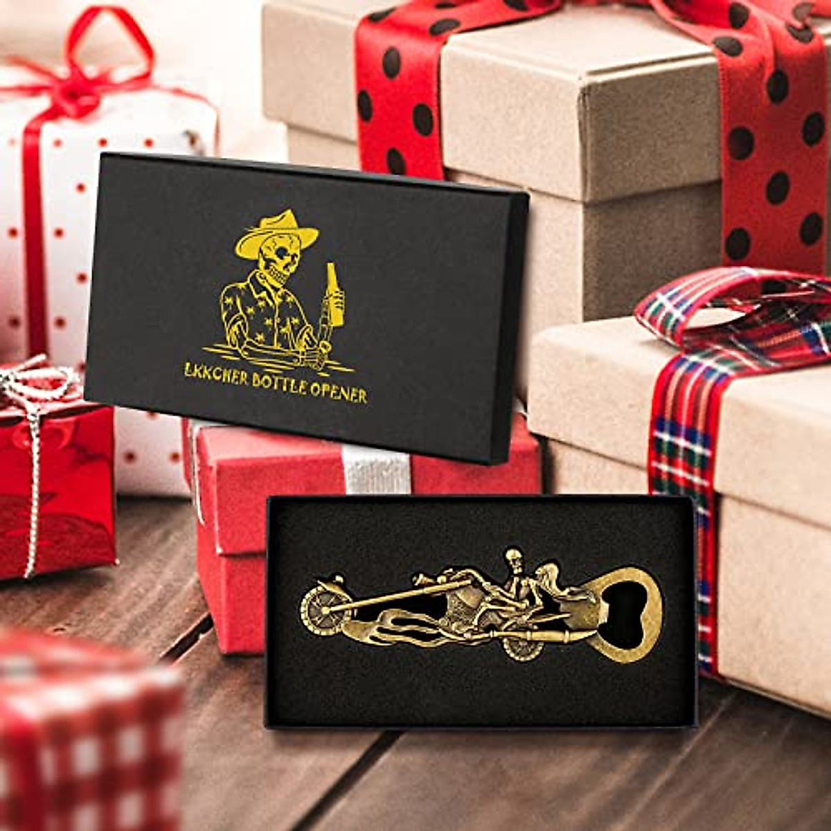 LKKCHER Skull Gifts, Skeleton Beer Bottle Openers Beer Gifts for Men Him Woman Boyfriend Dad, Novelty Bronze Skeleton Rider Gifts for Lovers Skull Motorbike Motorcycle Halloween Christmas Gift