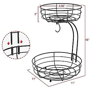 VANDHOME 2-Tier Countertop Fruit Vegetables Baske Iron With Banana Hanger, Metal Wire Vegetable Produce Storage Baskets for Kitchen, Fruits Stand Holder Organizer for Bread Snack Veggies, Black