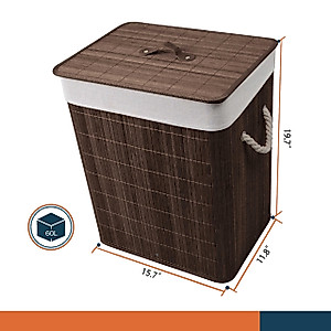 BEEBAON 60L Laundry Basket with Lid, Collapsible Laundry Hamper with Removable Liner Bag, Bamboo Washing Basket with Cotton Handles and PU Handle