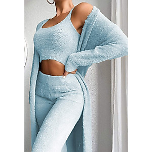 Fixmatti Women Lounge Set 3 Piece Fuzzy Fleece Crop Tops and Pants Open Front Cardigan Pajama Set Light Blue XL