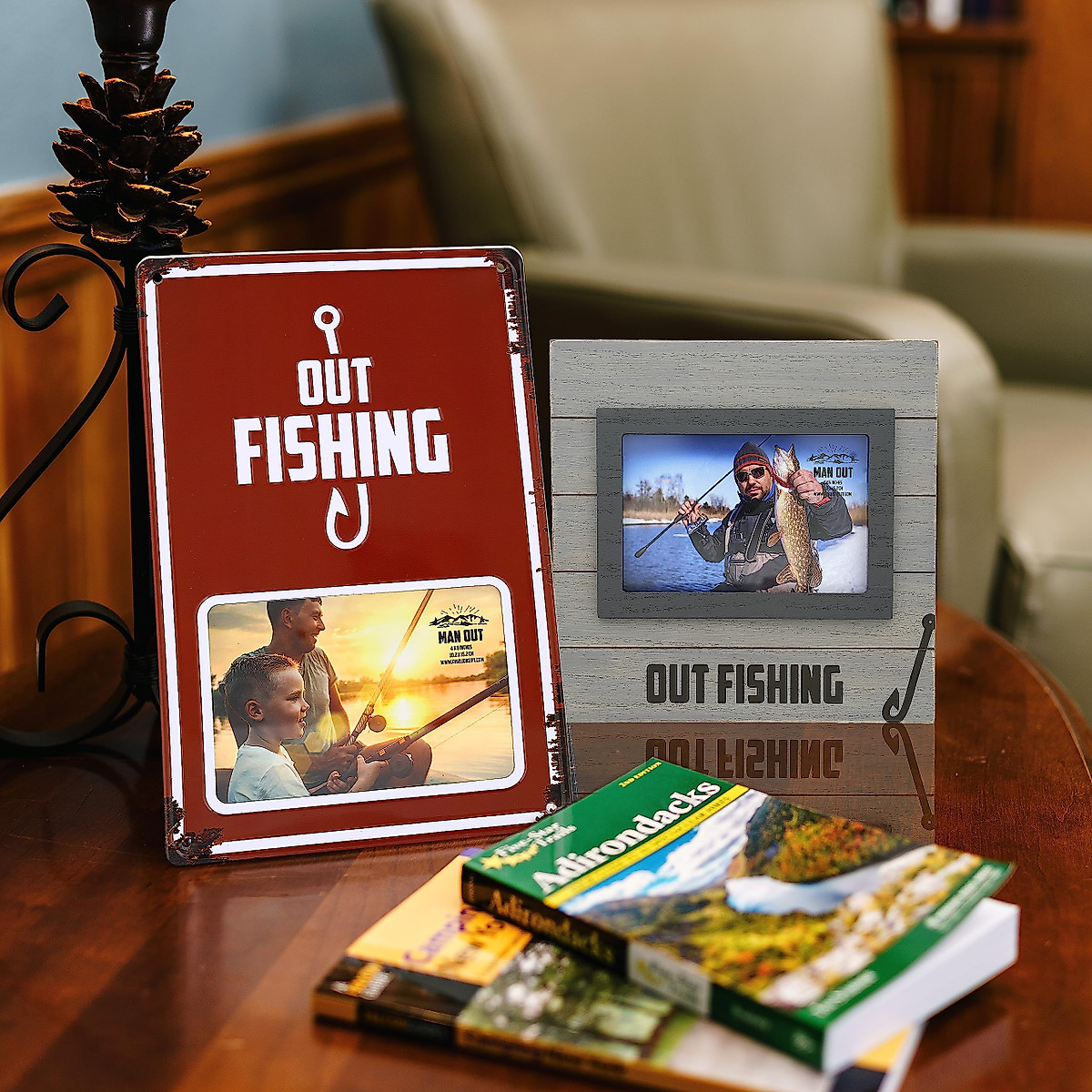 Pavilion - Out Fishing Wood Tabletop Picture Frame, Holds 4 x 6-inch Photo, Rustic Picture Frames, River Vacation Photo Frame, Fishing, 1 Count, 8.75 x 8.75 inches Overall in Size,Gray