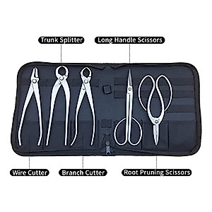 YUEWO Bonsai Tool Kit 5 Pcs 8" Master's Grade for Bonsai Tree with Jin Pliers, Root Cutter, Knob Cutter Concave, Long Handle Scissors, Root Pruning Scissors