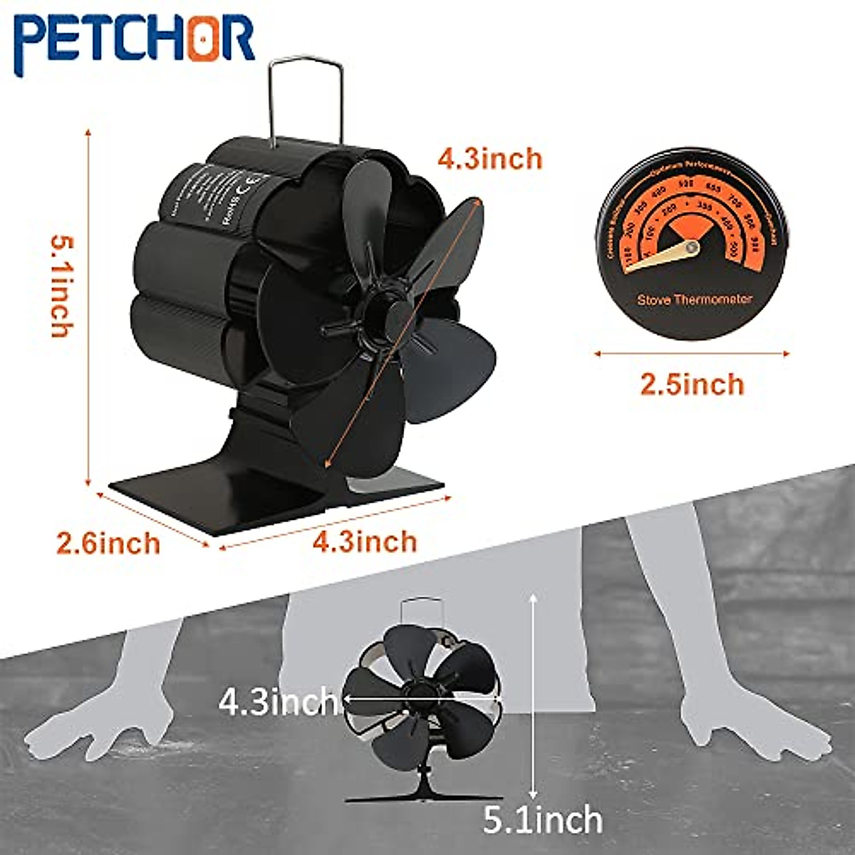 PETCHOR Mini Stove Fan, Wood Stove Fans Non Electric, Fireplace Fan Heat Powered, Stove Top Fan for Fireplace/Wood Stoves/Burner/Wood burning/Pellet Eco Friendly with Thermometer