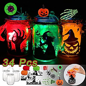 4 pcs Halloween DIY Lantern Jar Craft Kit Decor Supplies Gift, Flickering Flameless Candles(Red, Orange, Green) and Accessories(Eyeball, Spider, finger), Indoor Outdoor Garden DIY Decor Art Project