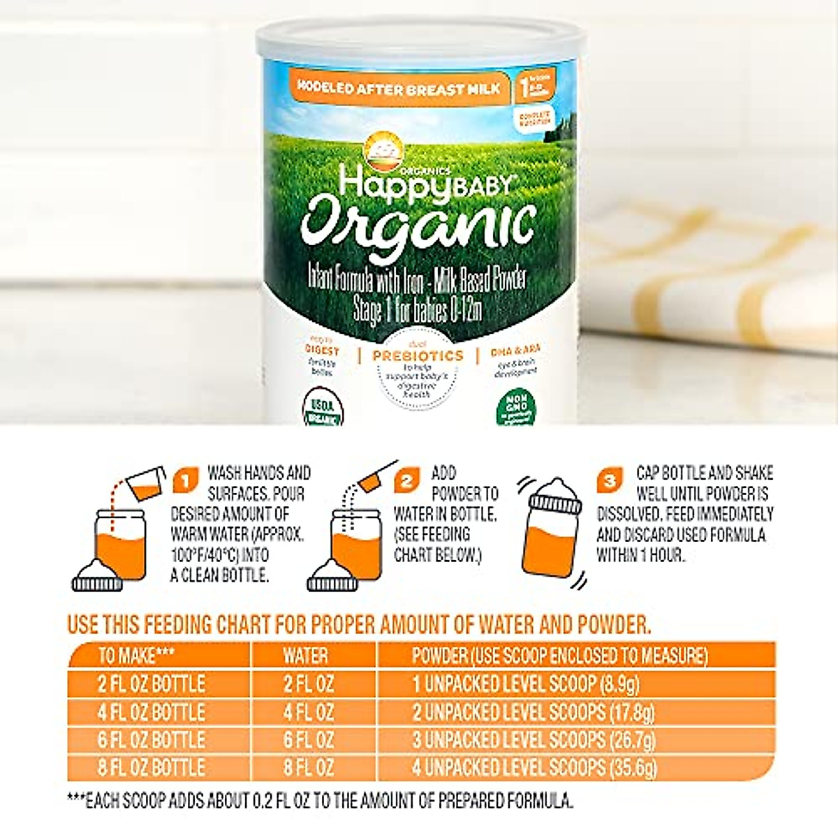 Happy Baby Organics Infant Formula, Milk Based Powder with Iron, Stage 1, 12 Ounce (Pack of 6) - Packaging May Vary