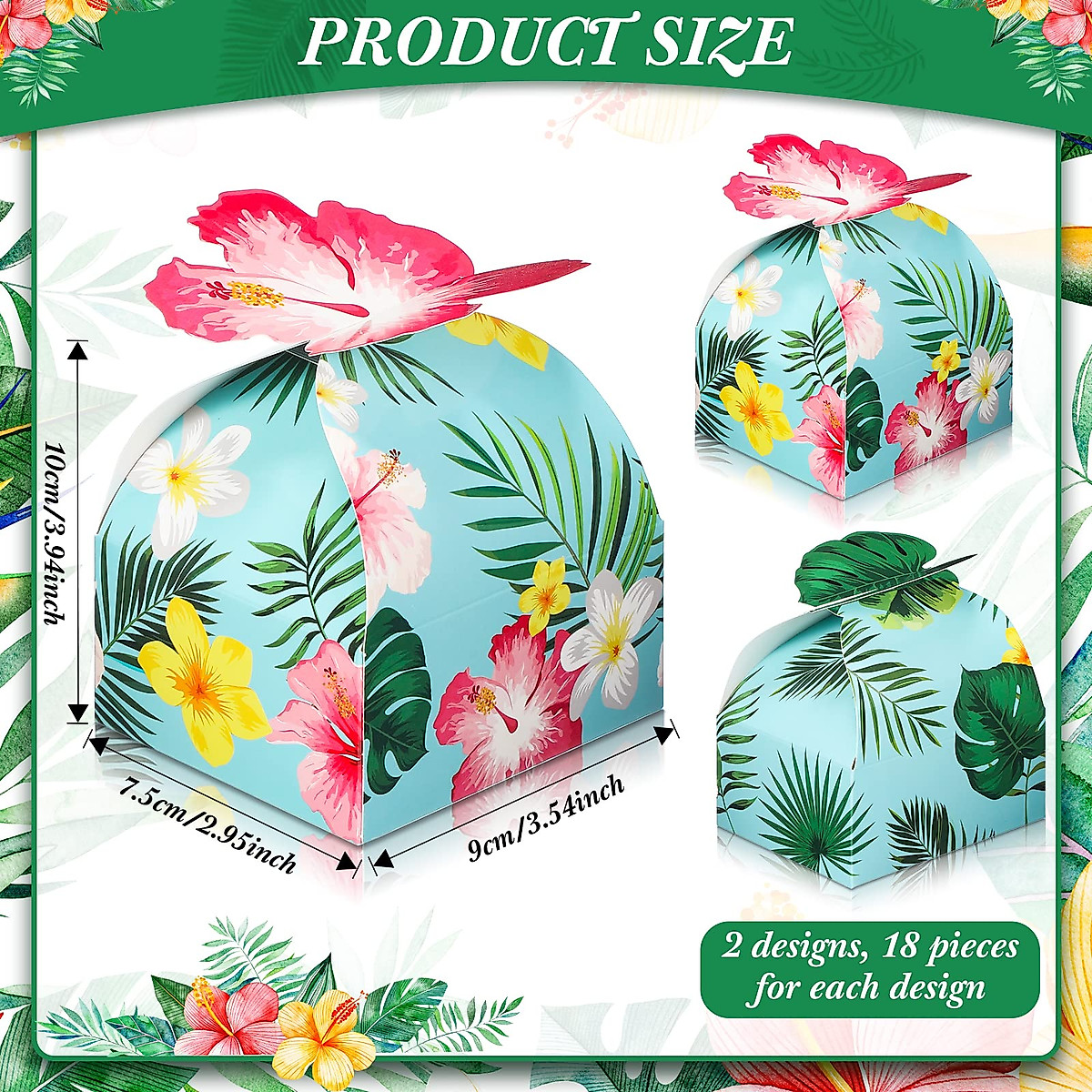 Gerrii 36 Pack Tropical Gift Box Set Luau Tropical Party Favor Boxes Hawaiian Goodie Boxes Tropical Palm Leaves Candy Box Summer Aloha Hibiscus Treat Box for Aloha Luau Hawaiian Summer Party, 2 Design